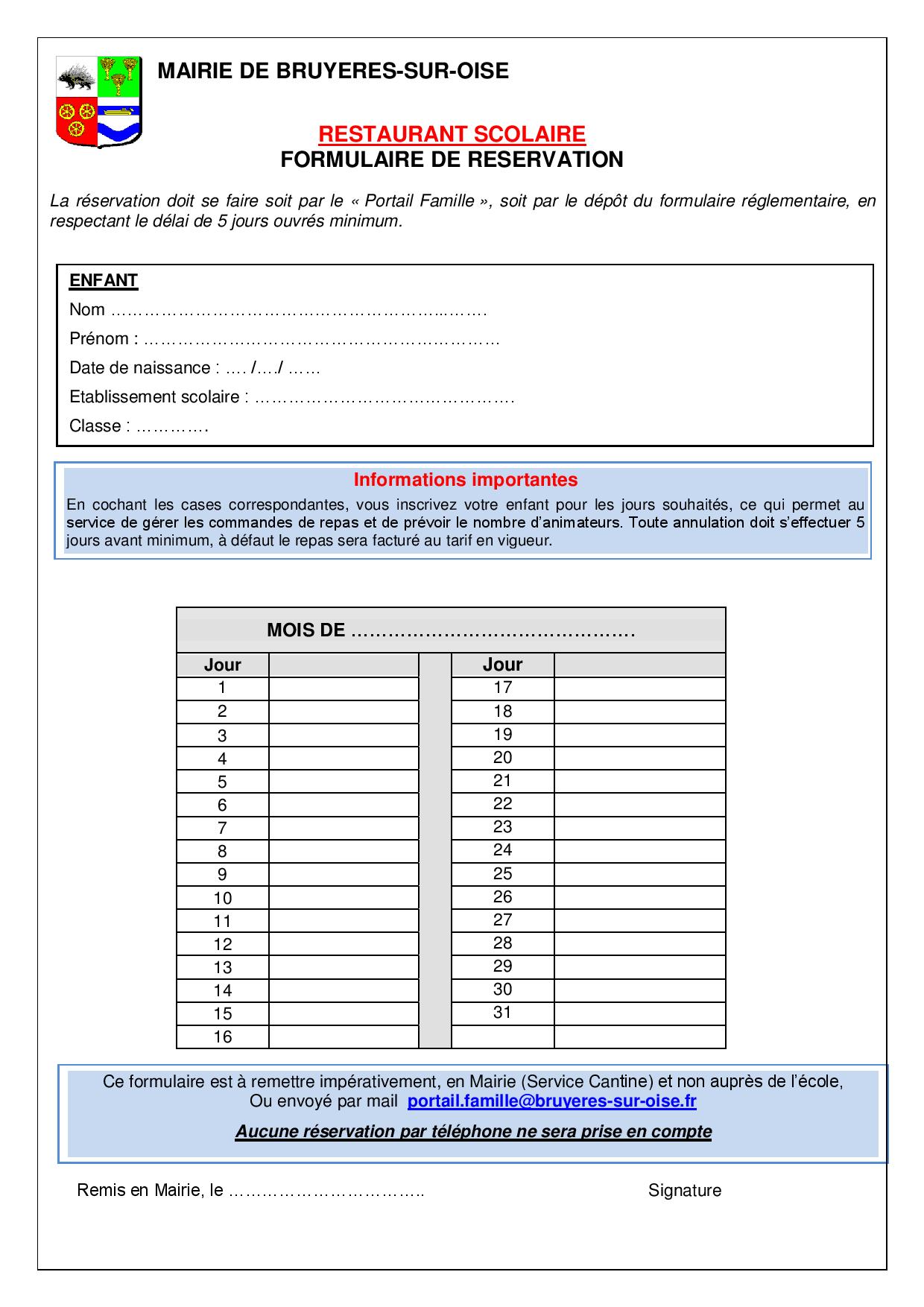 Les formulaires de réservation et d'annulation | Bruyères sur Oise